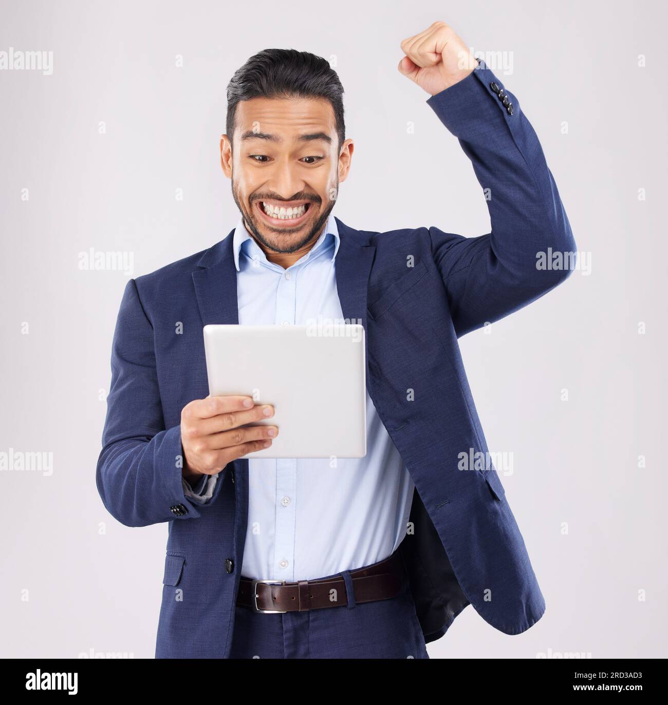Happy businessman, tablet and fist pump in celebration for winning ...