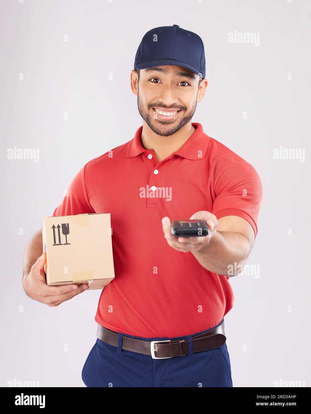 Happy man, portrait and box with pos for payment, delivery or ecommerce ...