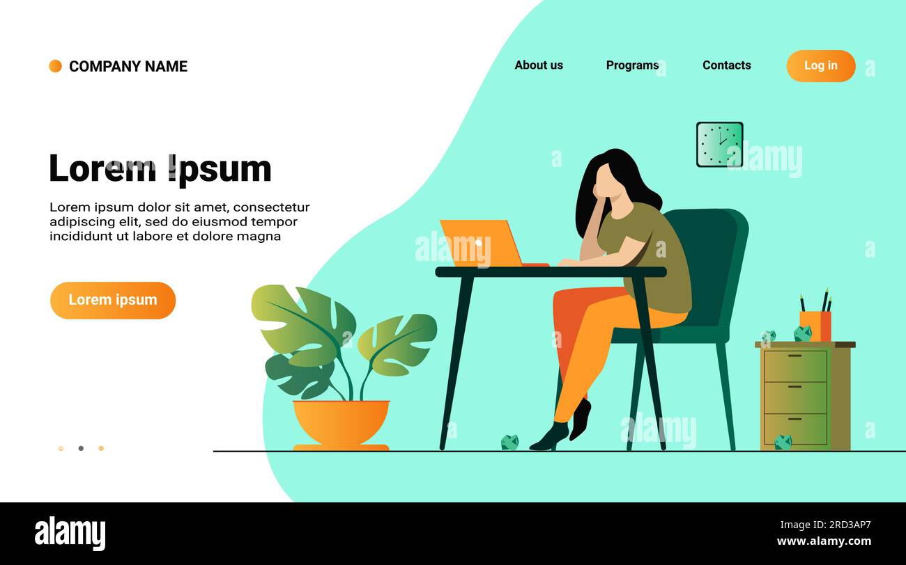 Cartoon exhausted woman sitting and table and working Stock Vector ...