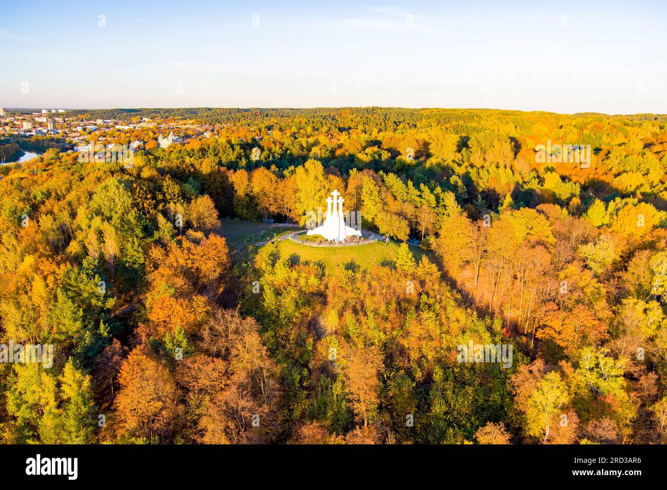 Aerial view of the Three Crosses monument overlooking Vilnius Old Town ...