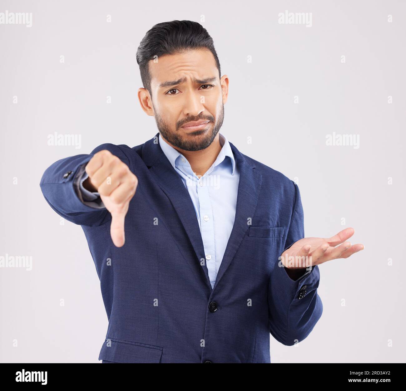 Studio portrait, thumbs down and business man with negative fail sign ...
