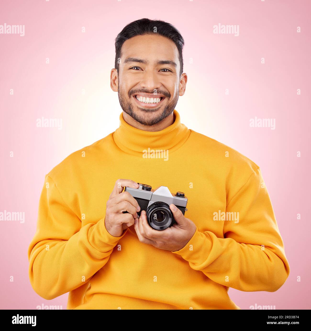 Portrait, photographer with a camera and smile for photography, taking ...