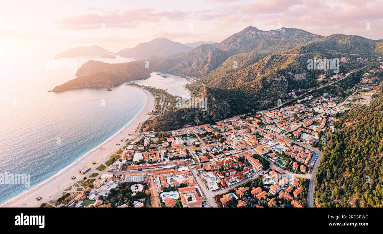 Aerial view of a resort town Oludeniz in Turkiye at sunset. Travel ...