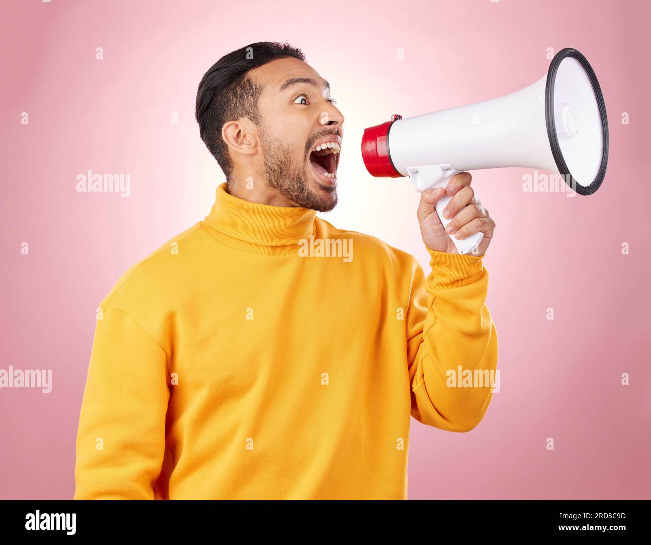 Man, megaphone and voice for news, broadcast or student sale with wow ...