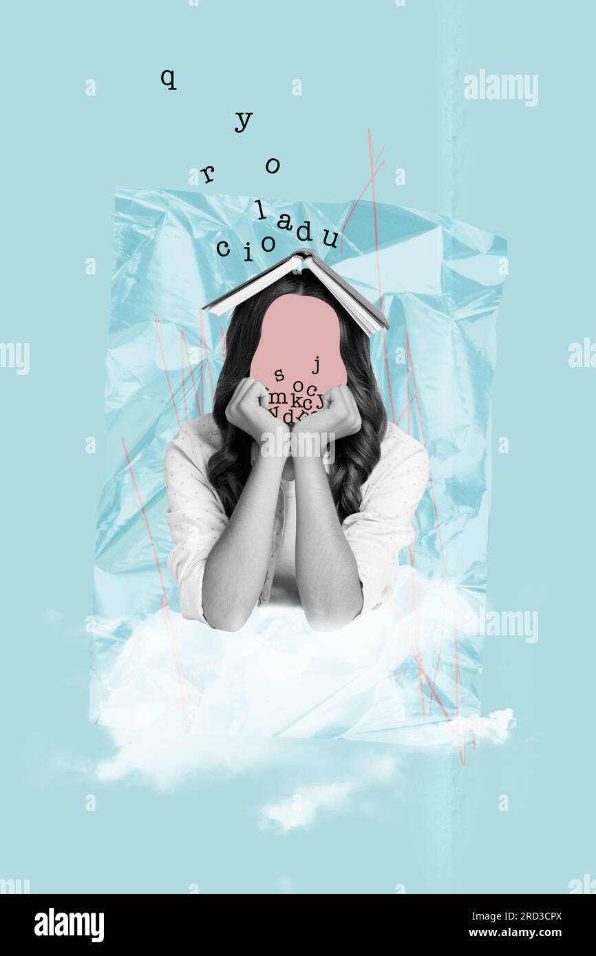 Creative abstract template collage female read book faceless words ...