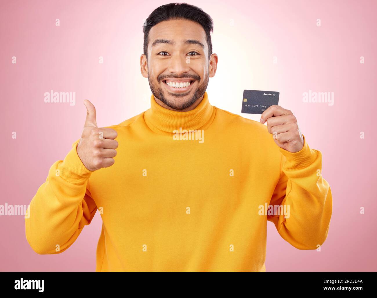 Man, thumbs up and credit card with finance, payment and loan, budget ...