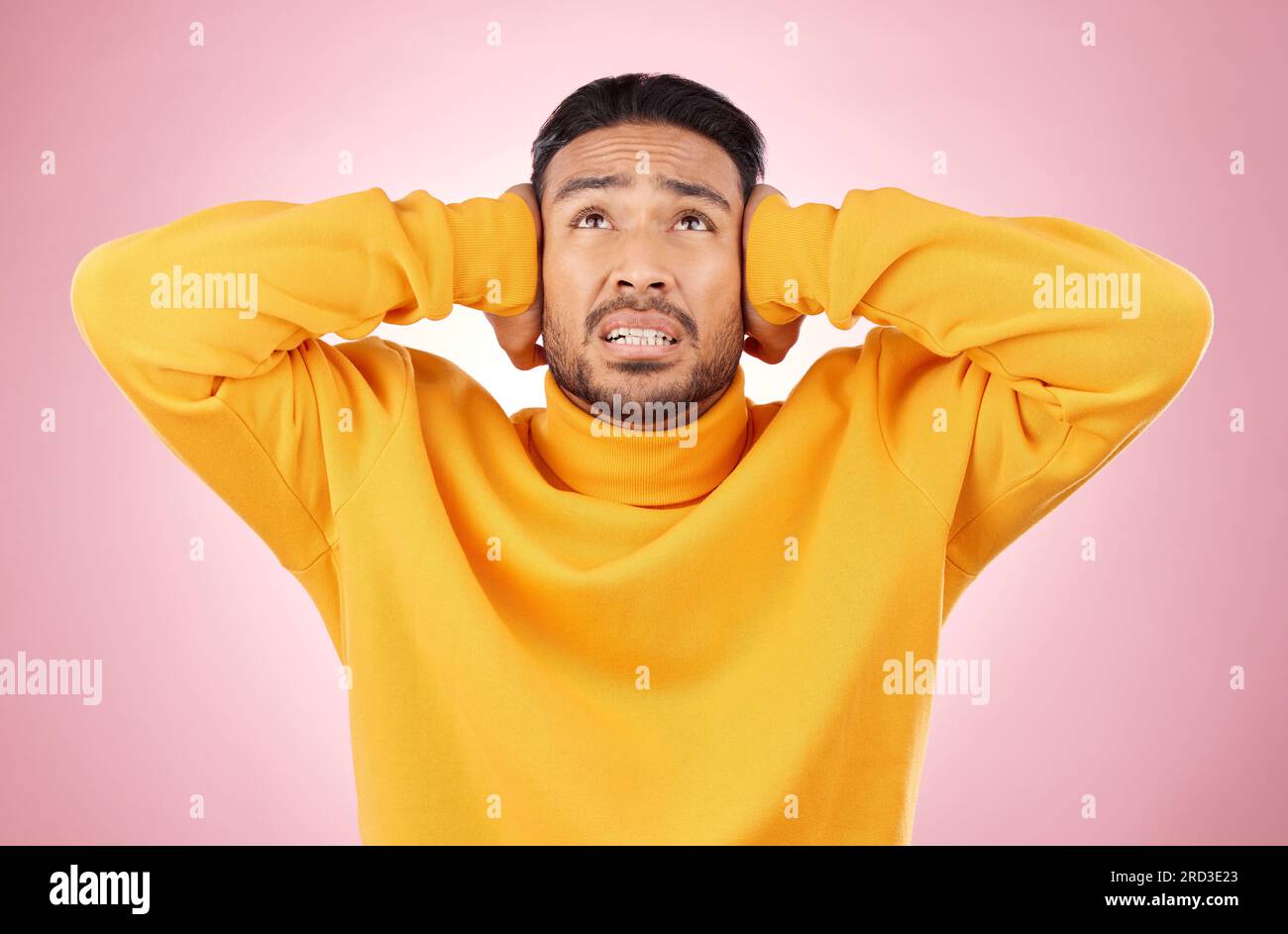 Headache, stress and asian man in studio with depression, tinnitus or ...