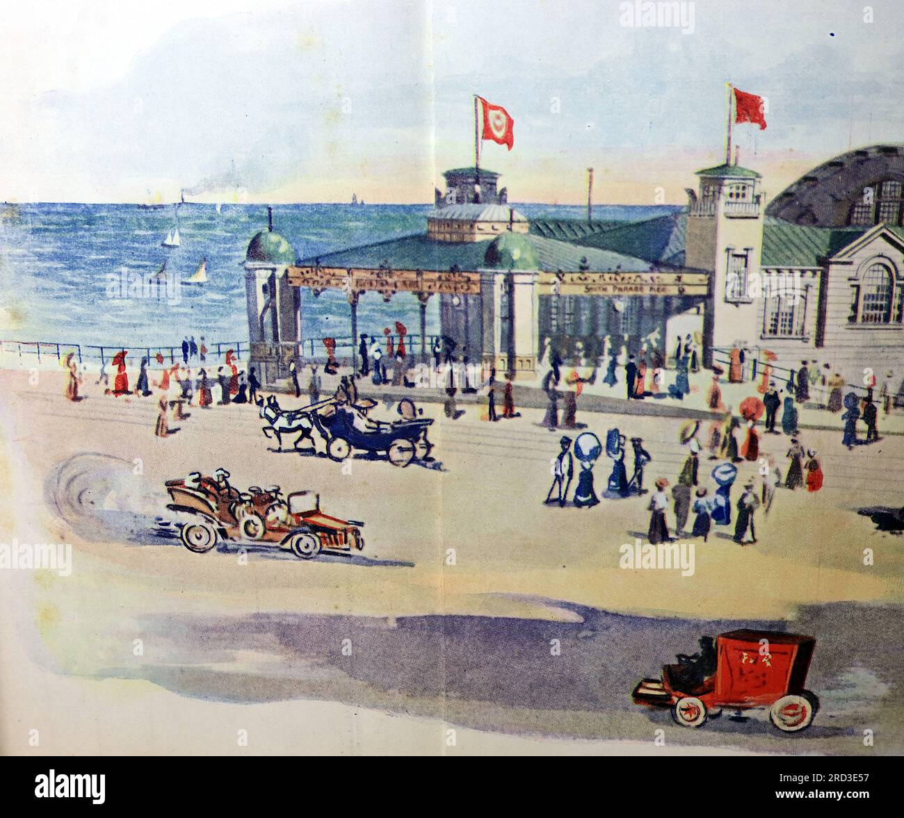 Section from a colour panorama of the entrance to the South Parade Pier ...
