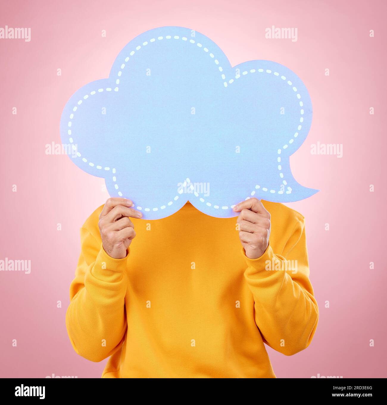 Speech bubble, thinking and person presentation, chat or social media ...