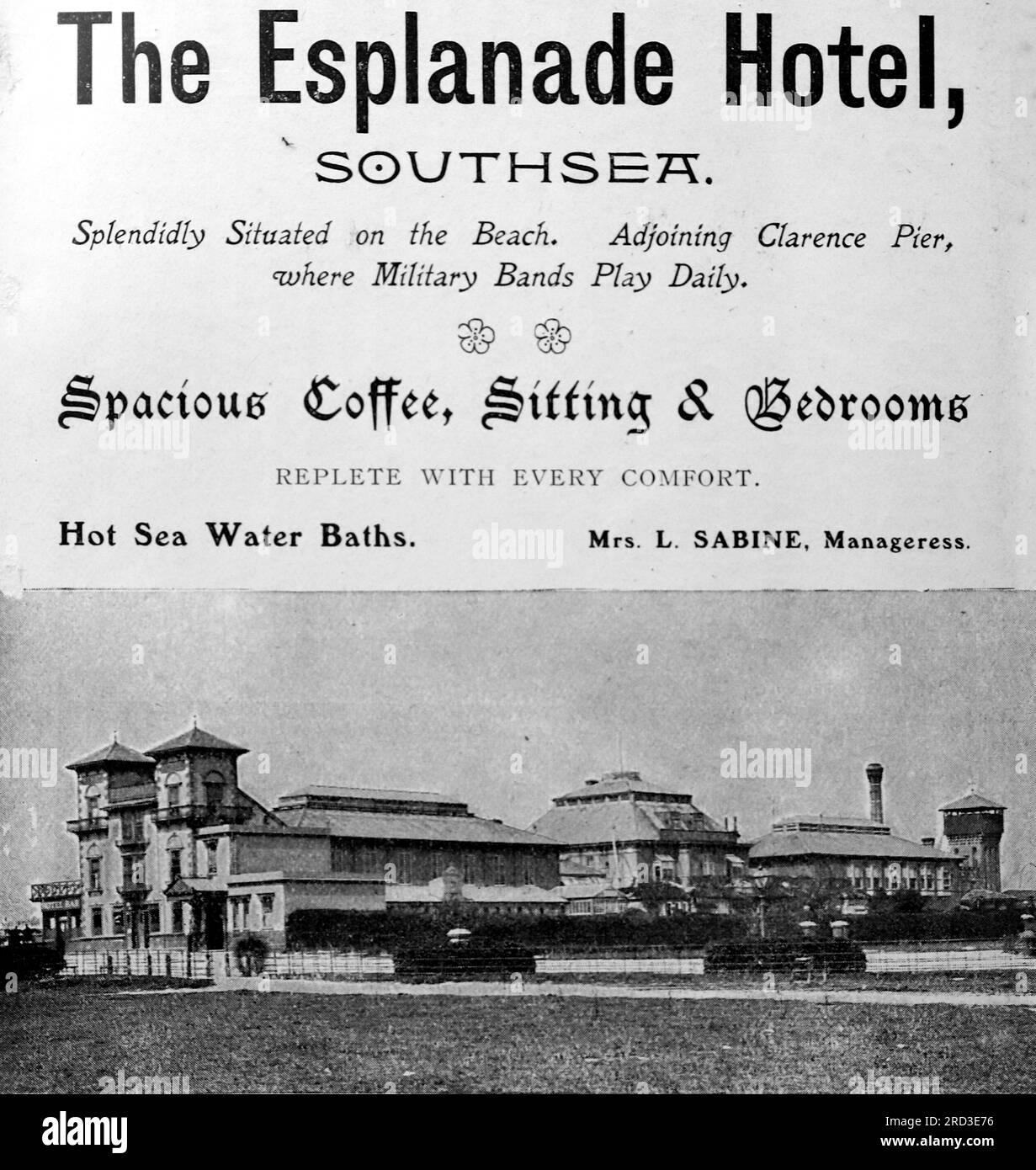 Advertisement for the Esplanade Hotel, Southsea, located on the beach ...