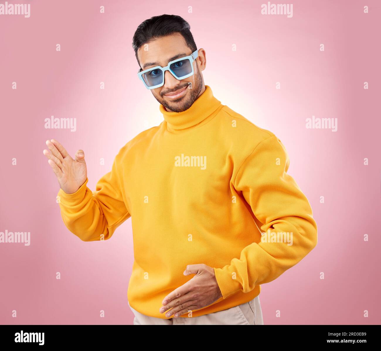 Man, robot dance and sunglasses in studio portrait with smile, moving ...