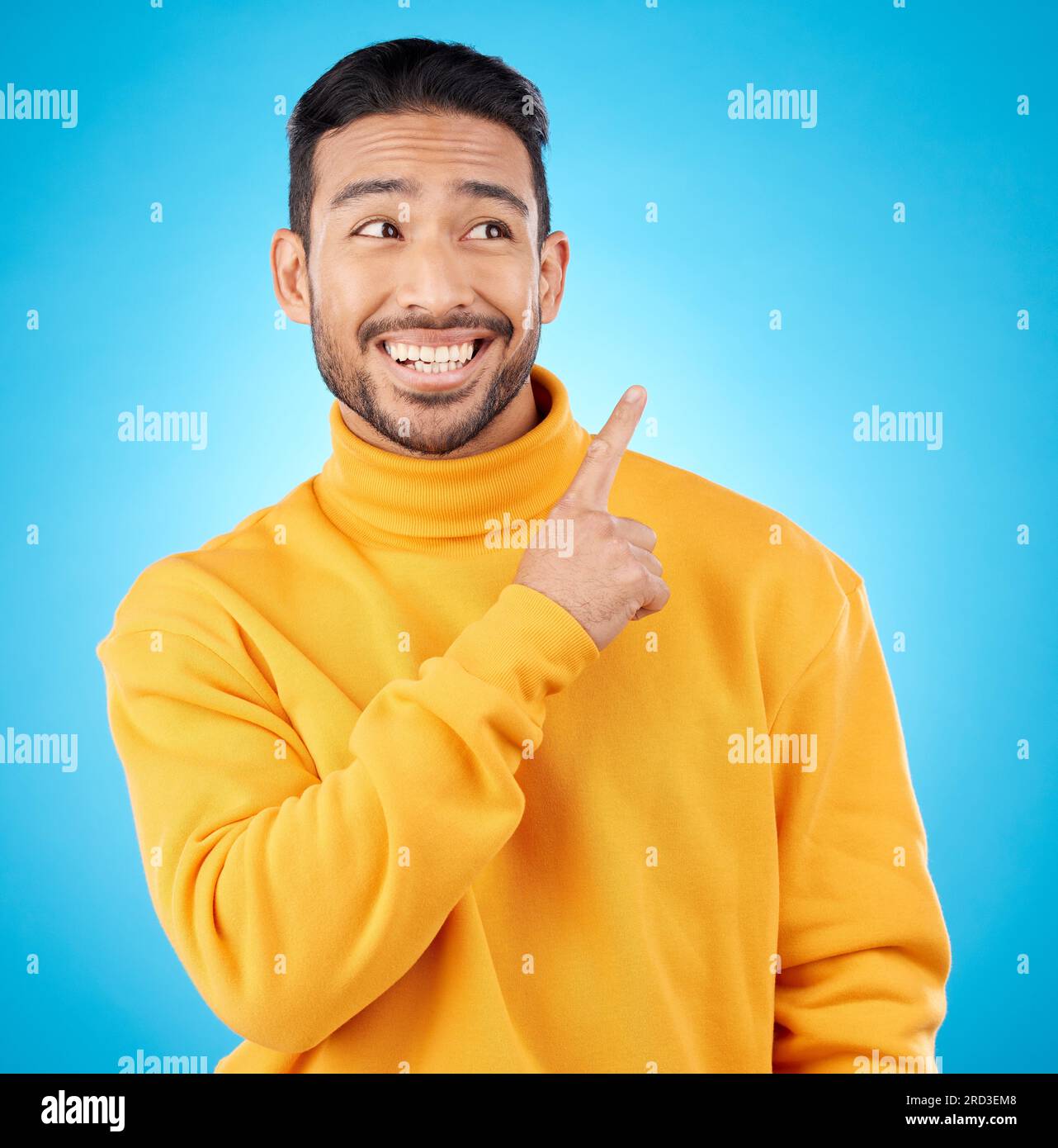 Asian man, smile and hand pointing to studio for news, deal and ...