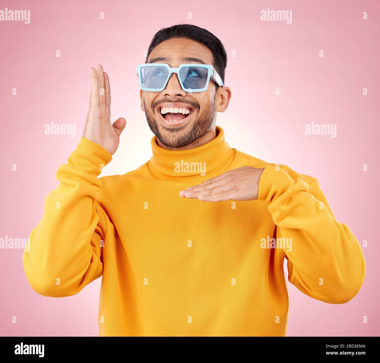Man, vogue dance and sunglasses in studio with excited smile, thinking ...