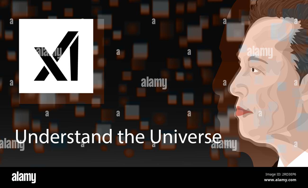 Elon Musk founded xAI. Elon Musk portrait and xAI inscription. July 12 ...