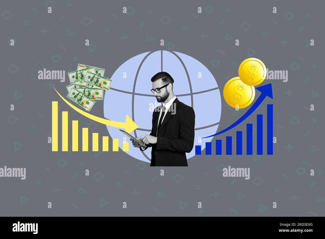 Poster magazine collage sketch of confident boss analyzing global ...