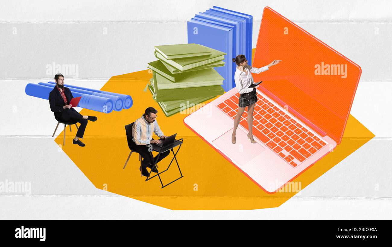 Contemporary art collage. Young people, employees sitting and leaning ...