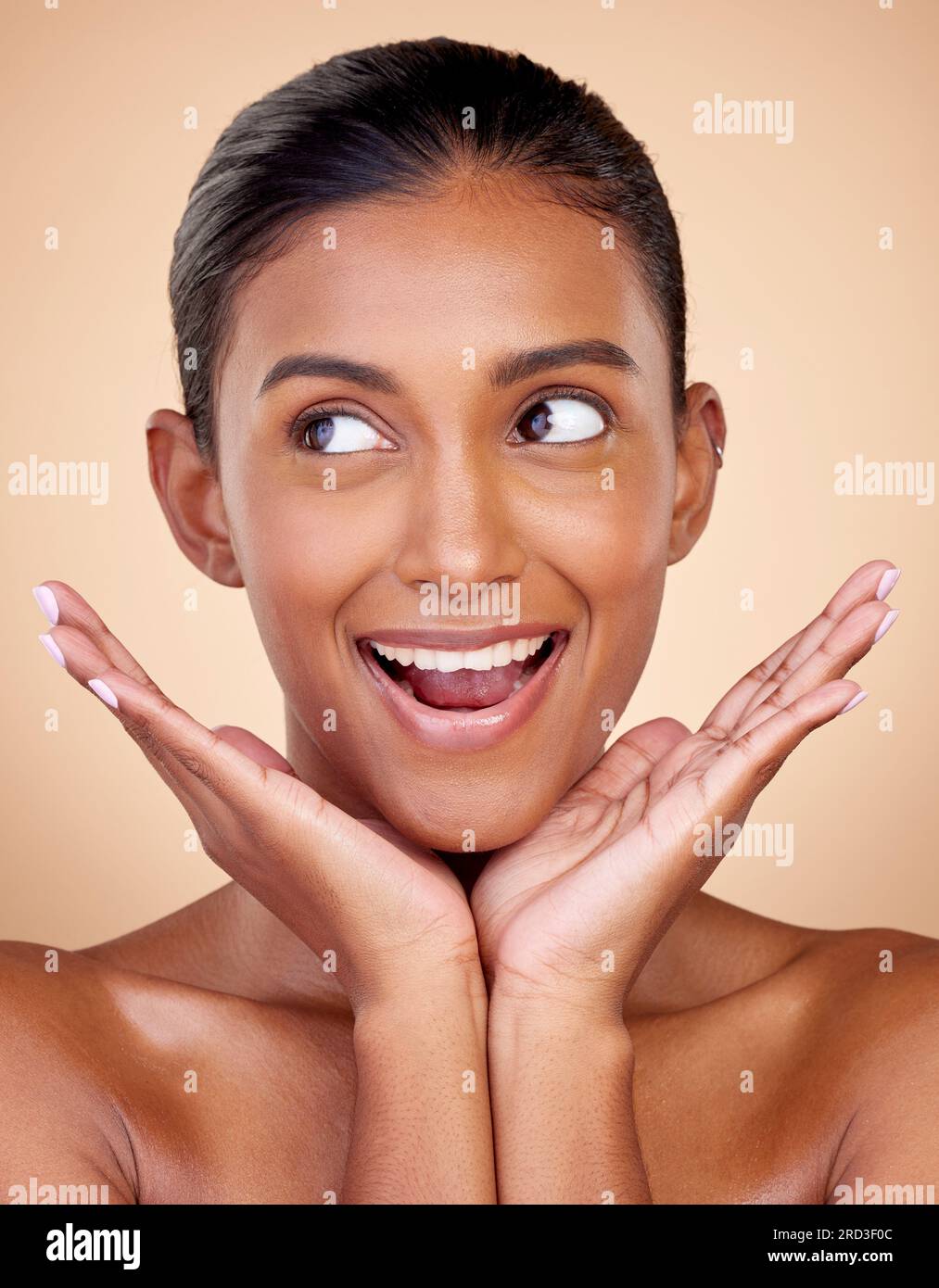 Thinking, beauty or happy woman with natural facial glow with ...