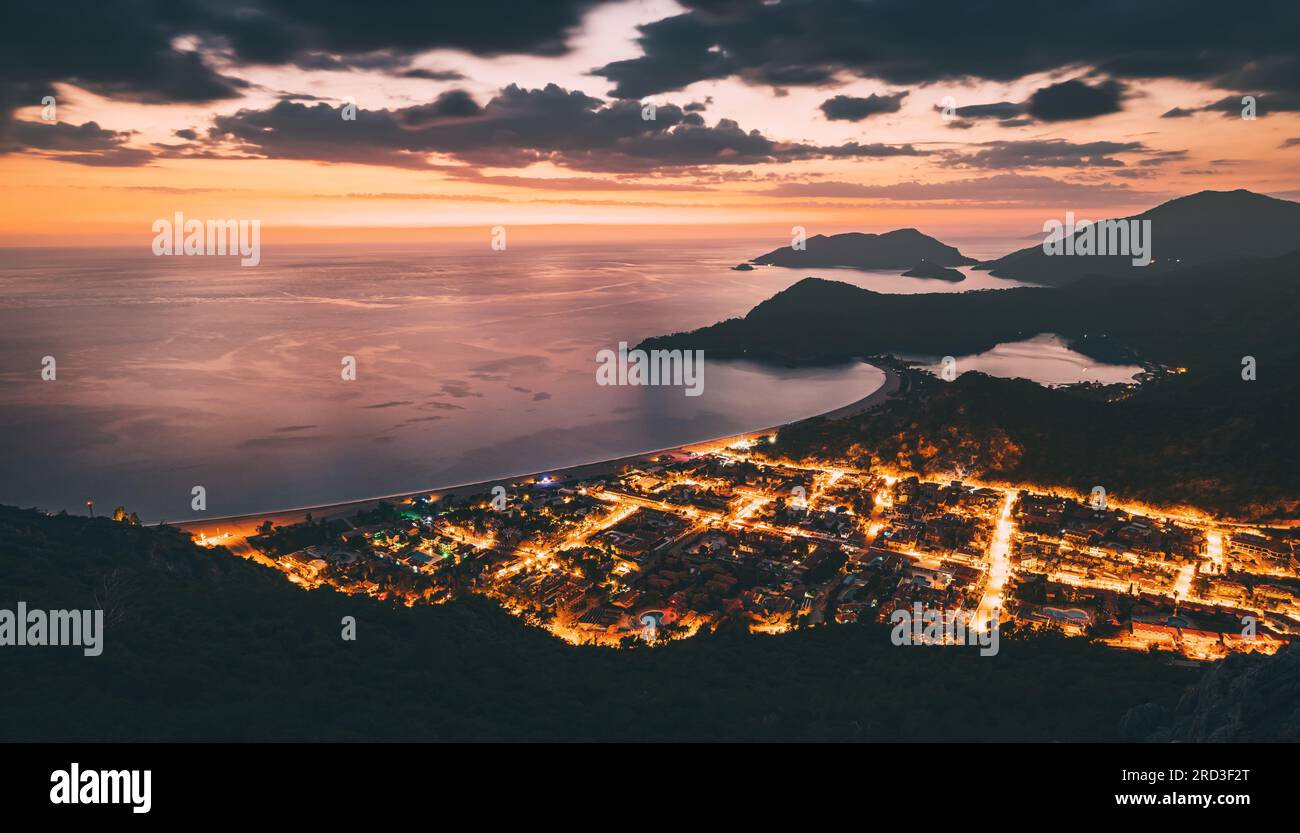 Aerial view of a resort town Oludeniz in Turkiye at night time. Travel ...
