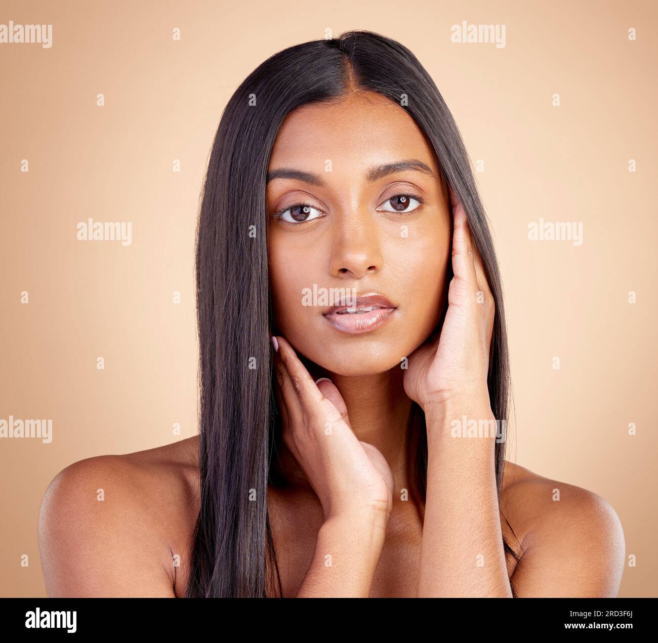 Portrait, hair care and Indian woman with cosmetics, makeup and ...