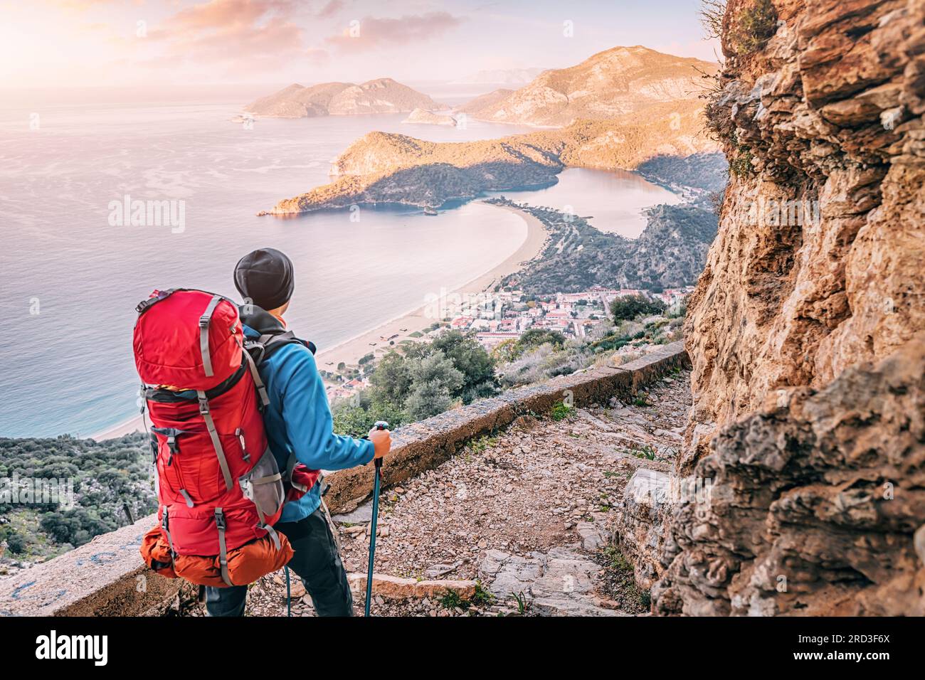 Happy hiker man with trekking backpack at a viewpoint of Lycian Way ...