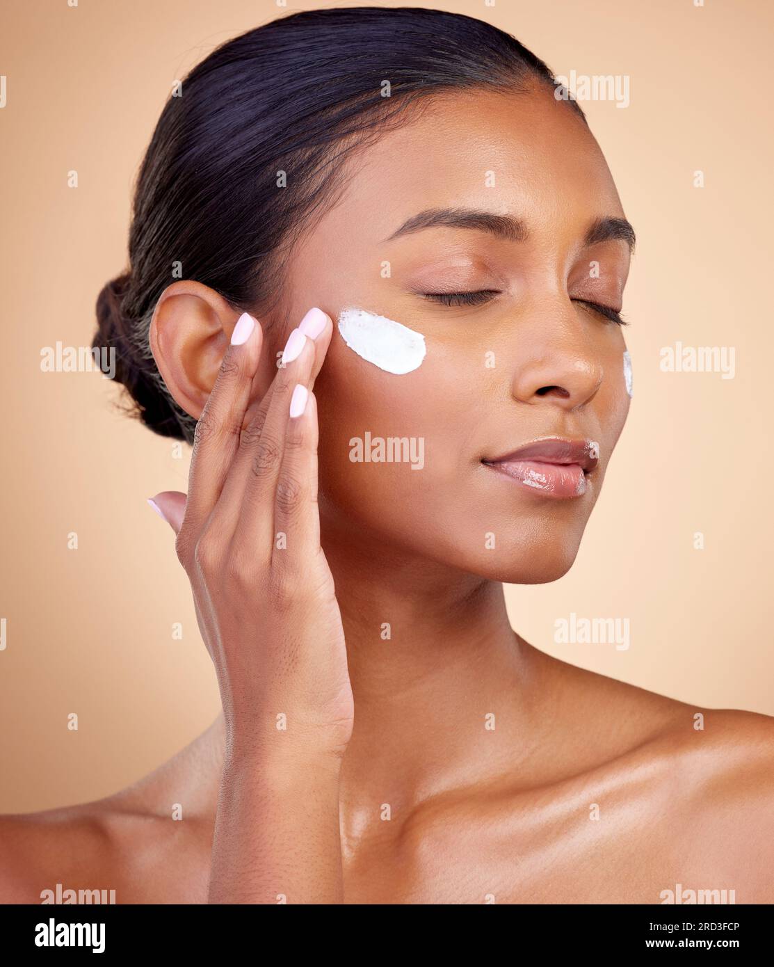 Face, cream and woman with eyes closed for skincare cosmetics ...
