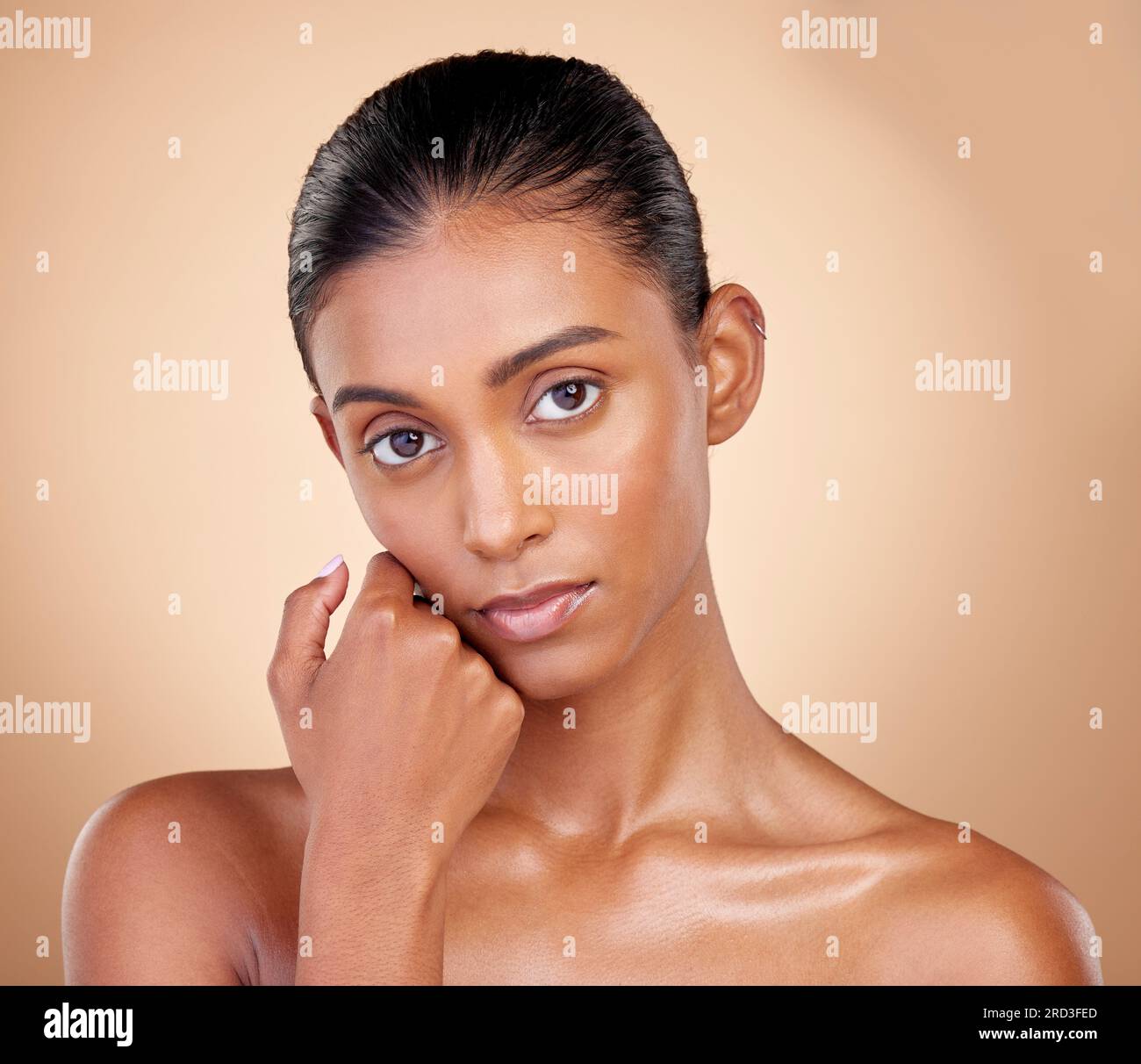 Skincare, beauty and portrait with indian girl with glow in brown ...