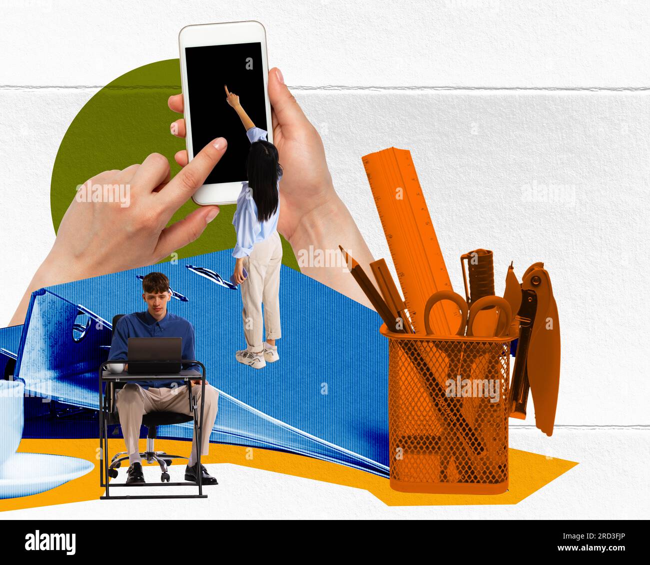 Contemporary art collage. Young people studying and working remotely ...