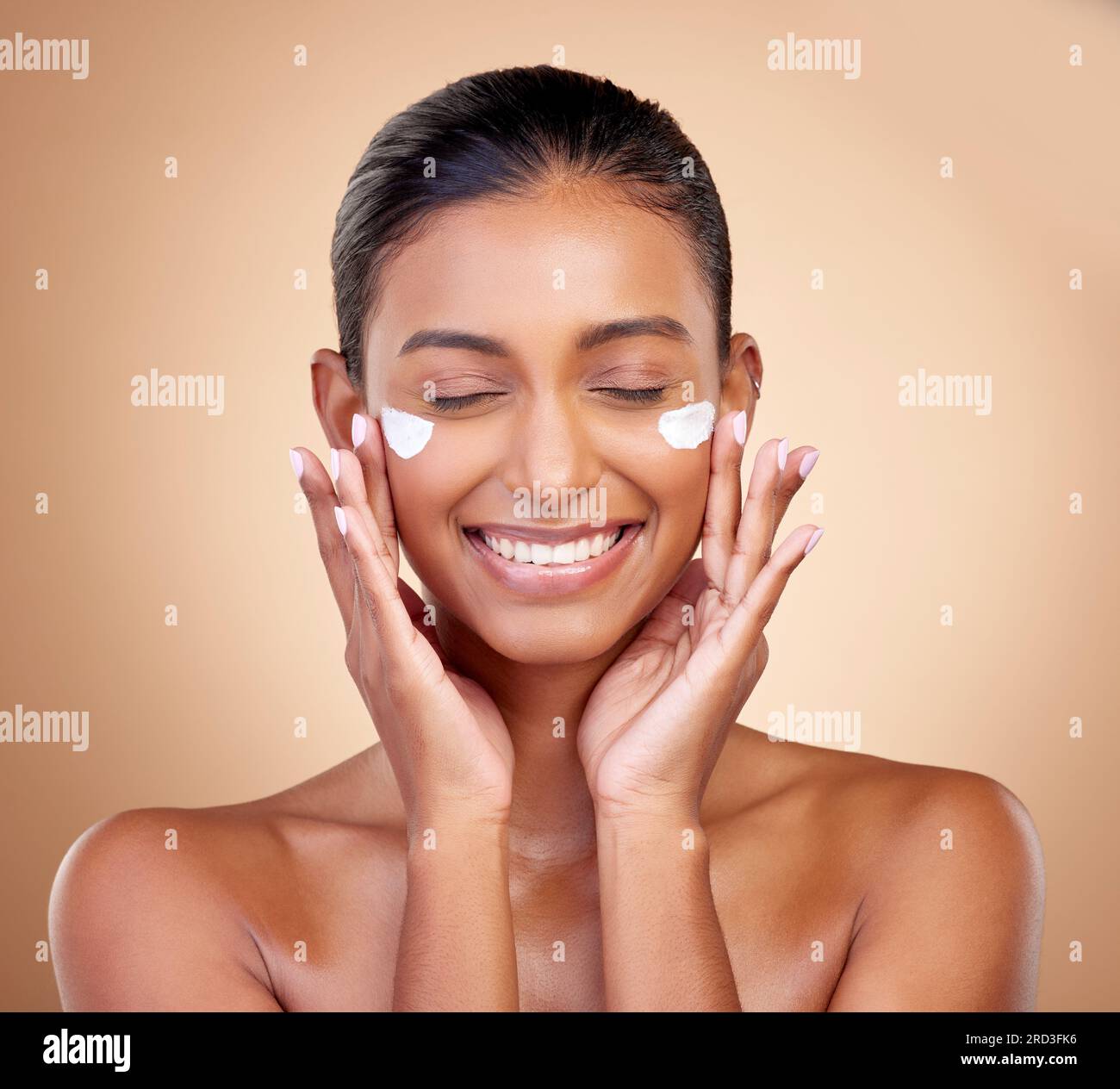 Facial cream, skincare smile of woman for aesthetic shine, cosmetics or ...