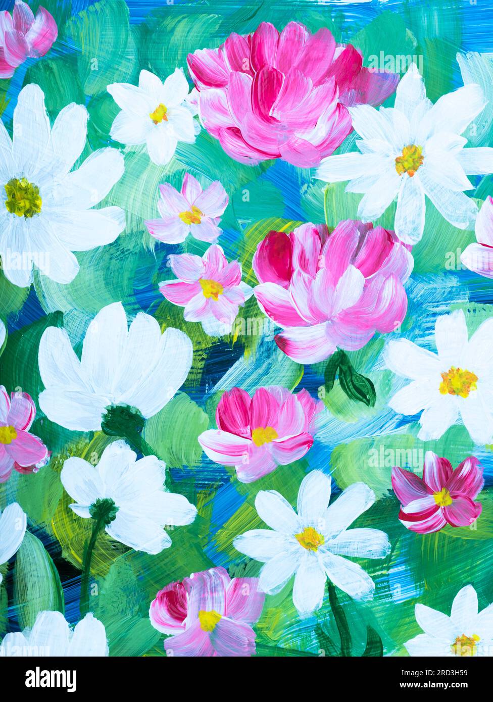 Abstract daisy flowers, original hand drawn, impressionism style, color ...