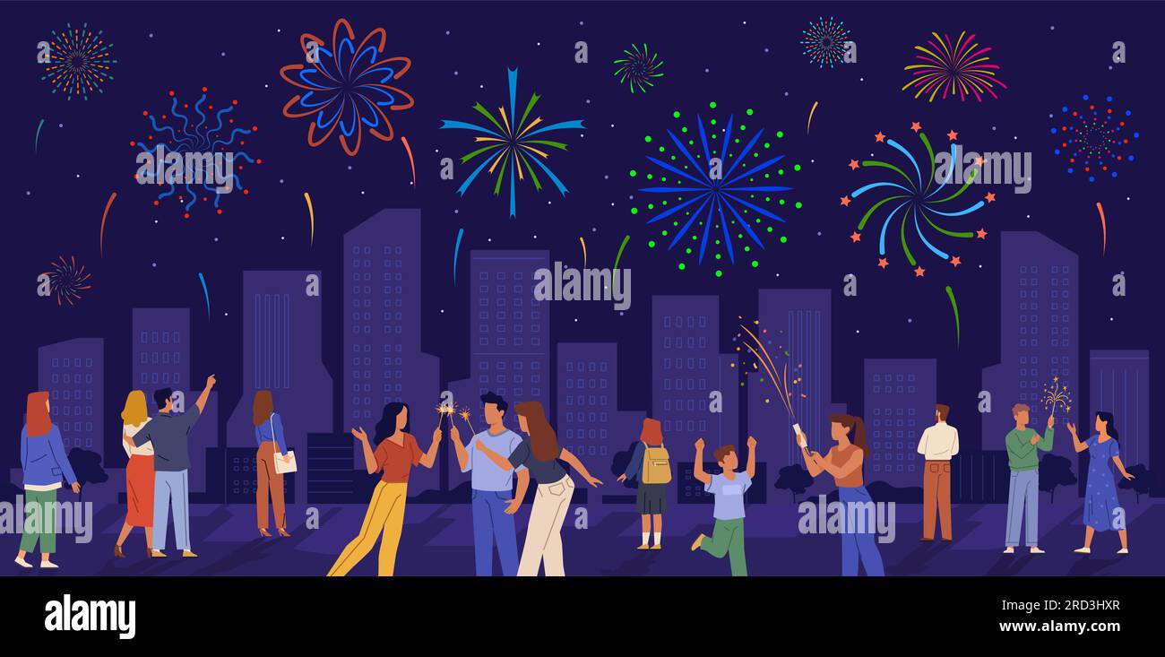 City holiday fireworks. People have fun, watching lights in night sky ...