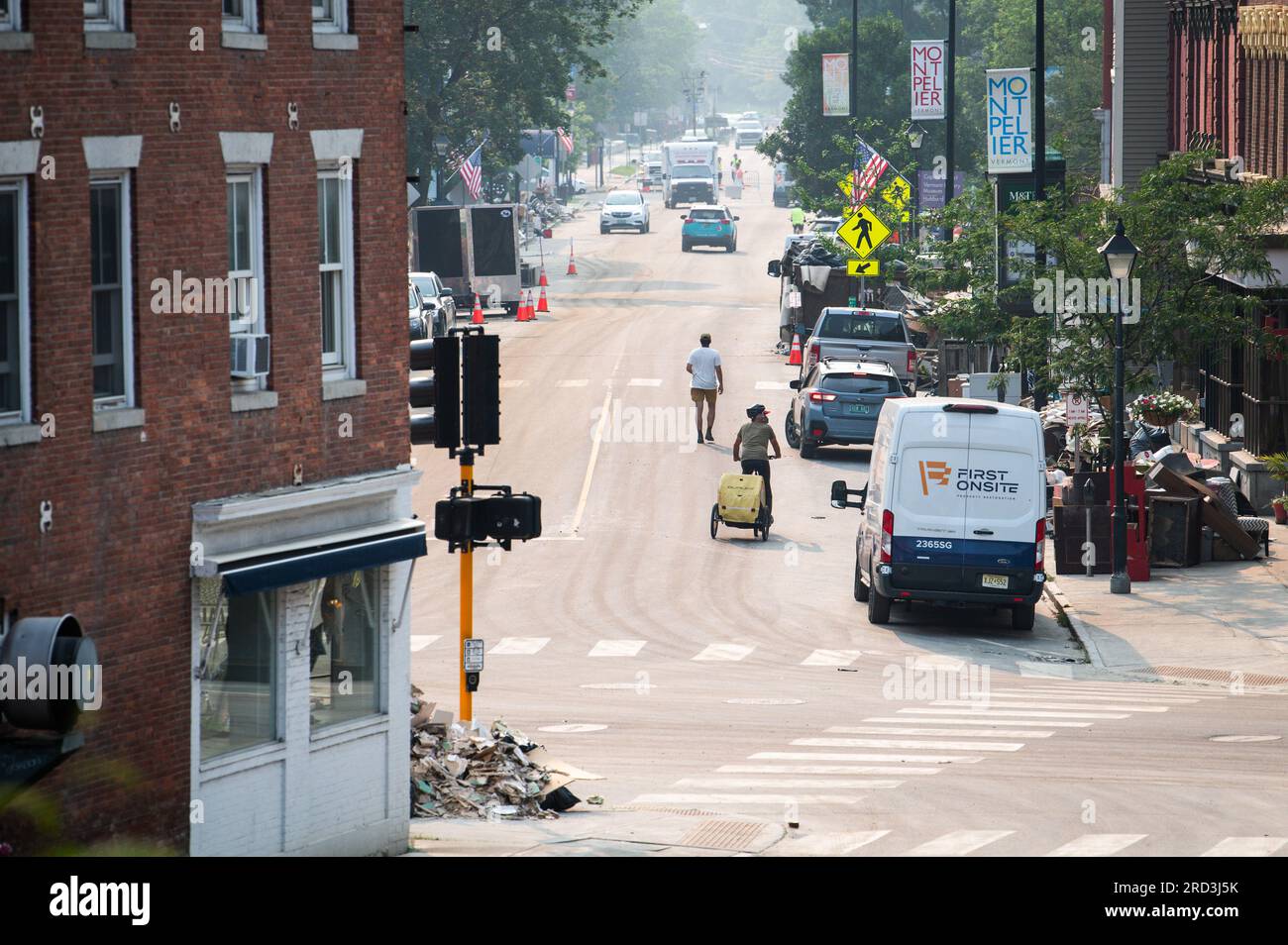 17 July 2023. Montpelier USA. Flood debris lines the streets of ...