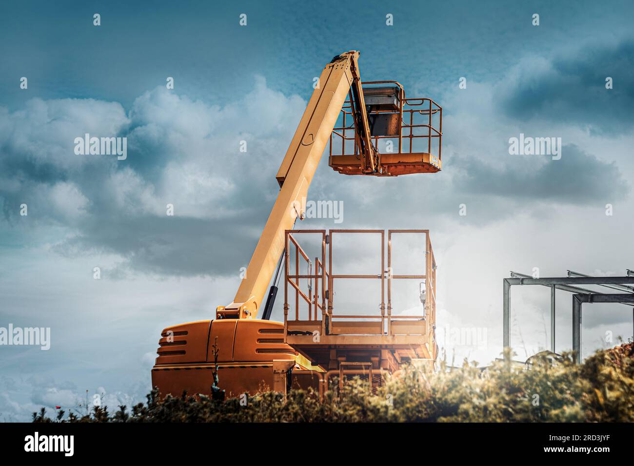 extended lifting platform outside with a bright blue sky Stock Photo ...