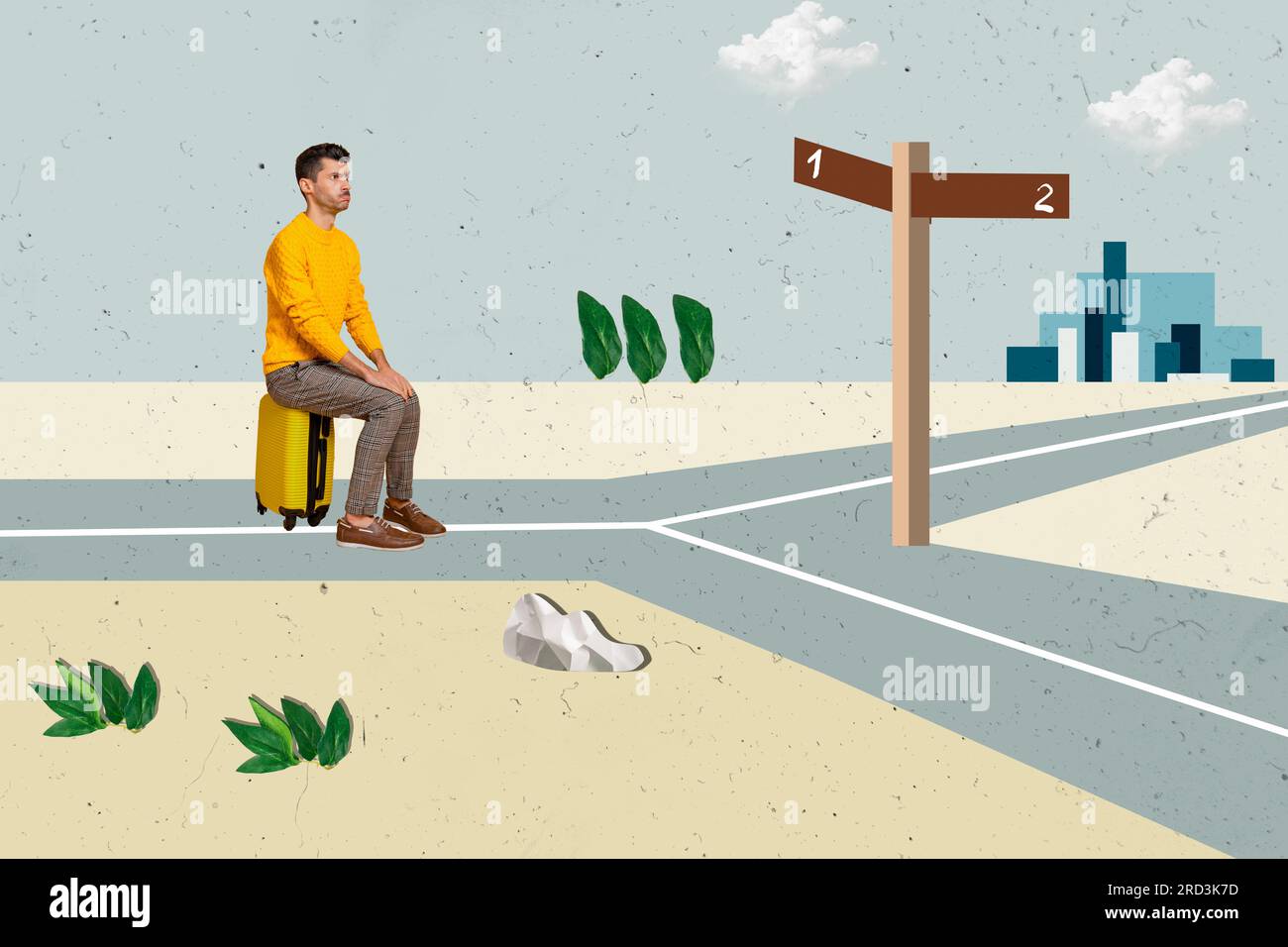 Poster banner collage sketch of sad upset guy sitting bag valise lost ...