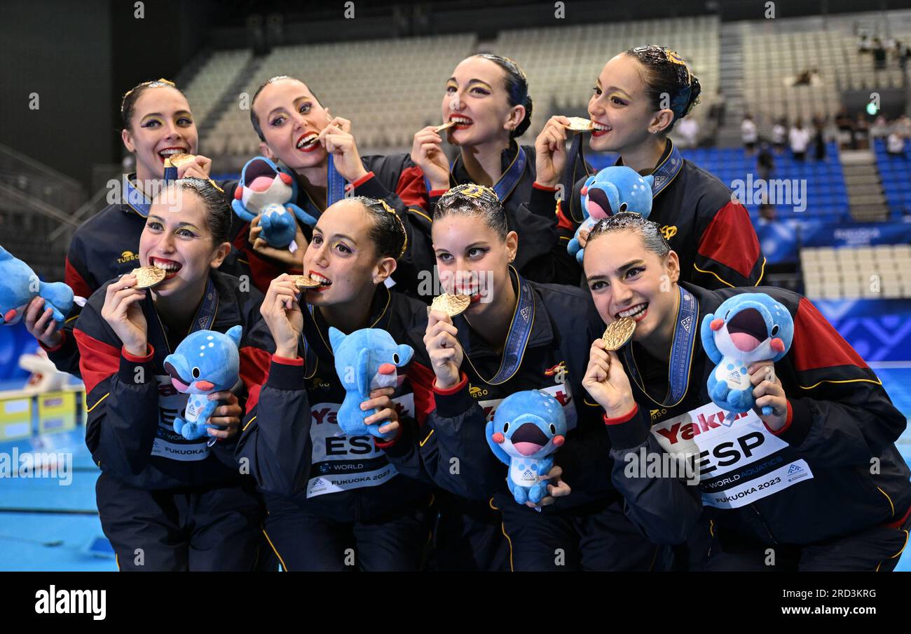 Fukuoka, Japan. 18th July, 2023. Gold medalist team Spain pose for ...
