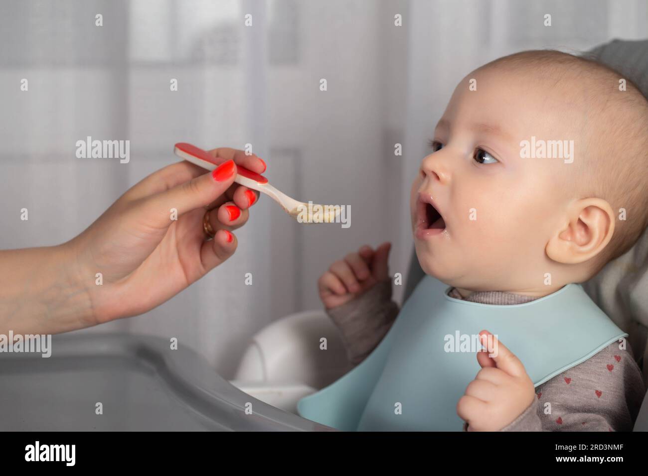 A mother feeds a baby boy who is 8 months old with meat puree. Feeding ...