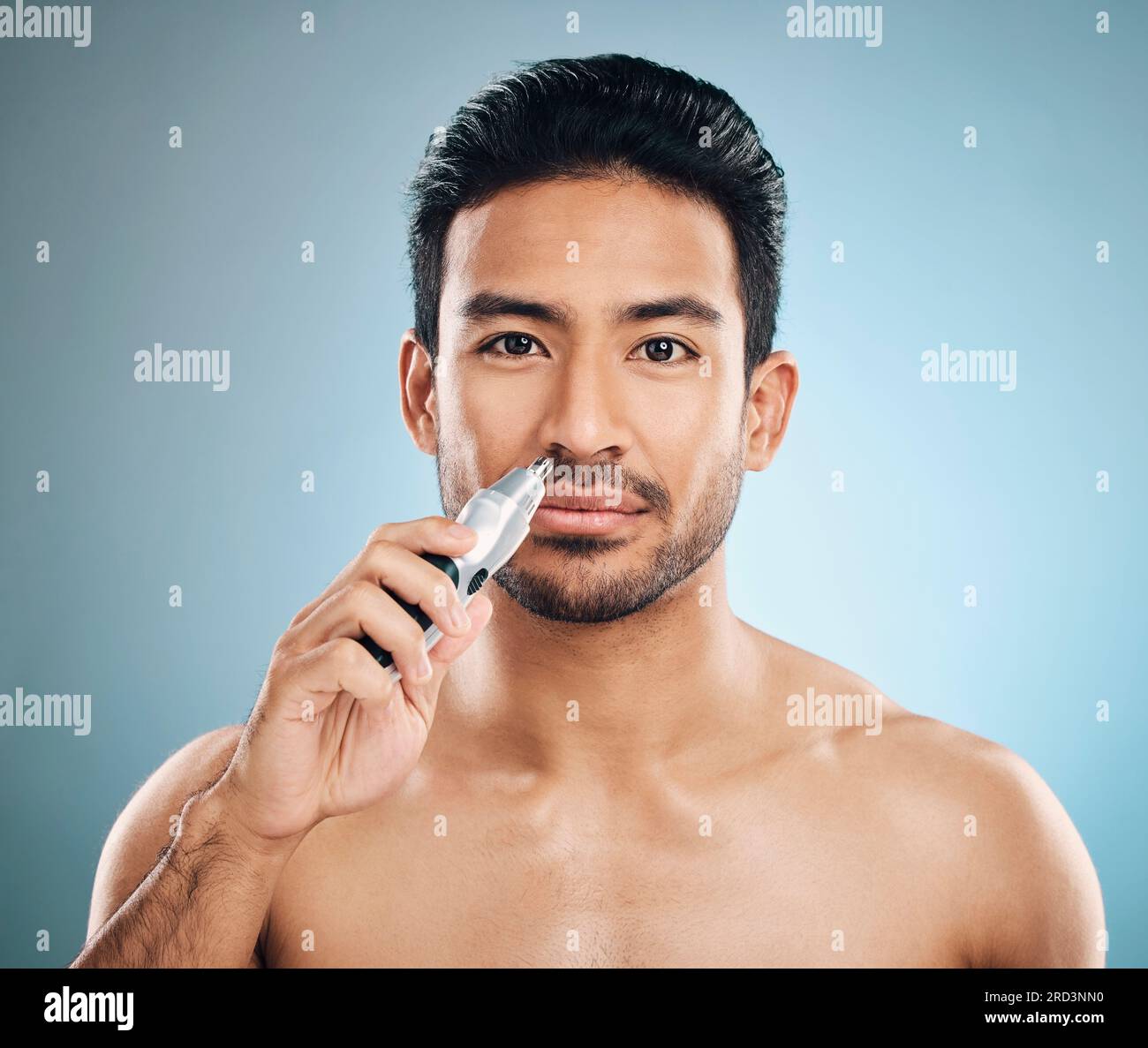 Hair removal, face and man with and nose trimmer, beauty and cosmetic ...