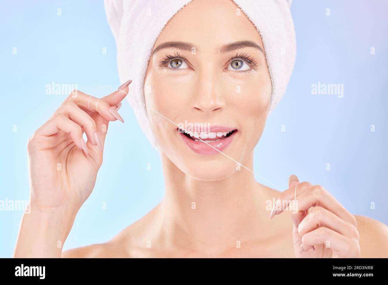 Happy woman, face and thinking with dental floss for teeth cleaning or ...