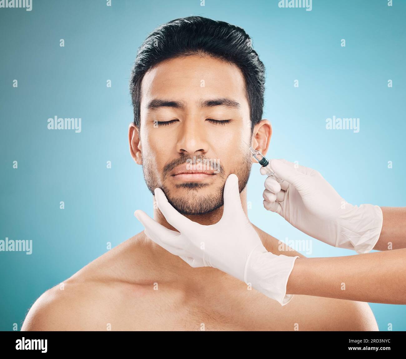 Face, hands and transformation with a plastic surgery man in studio on ...