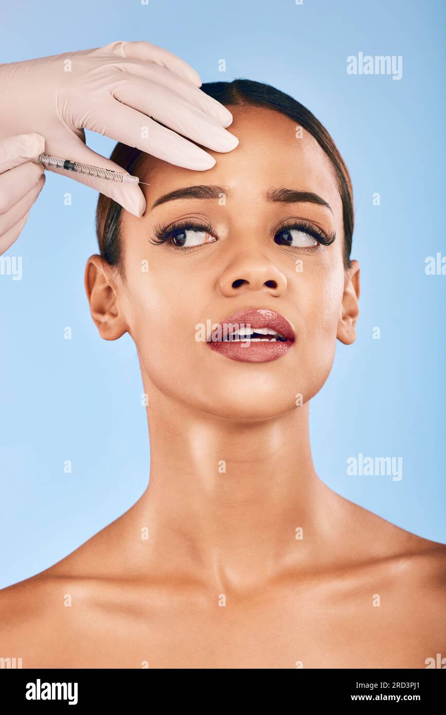 Skin injection, woman and concern of plastic surgery and collagen ...