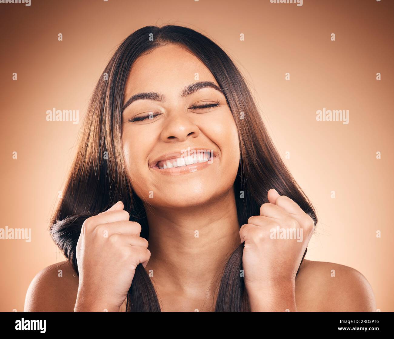 Hair care, smile and woman with strong texture, eyes closed and ...