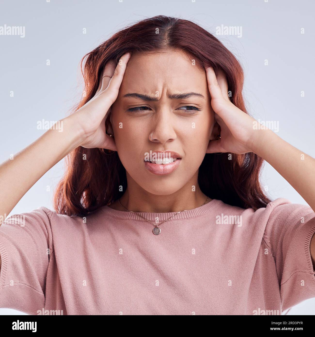 Woman, pain and headache, stress or health problem with brain fog or ...