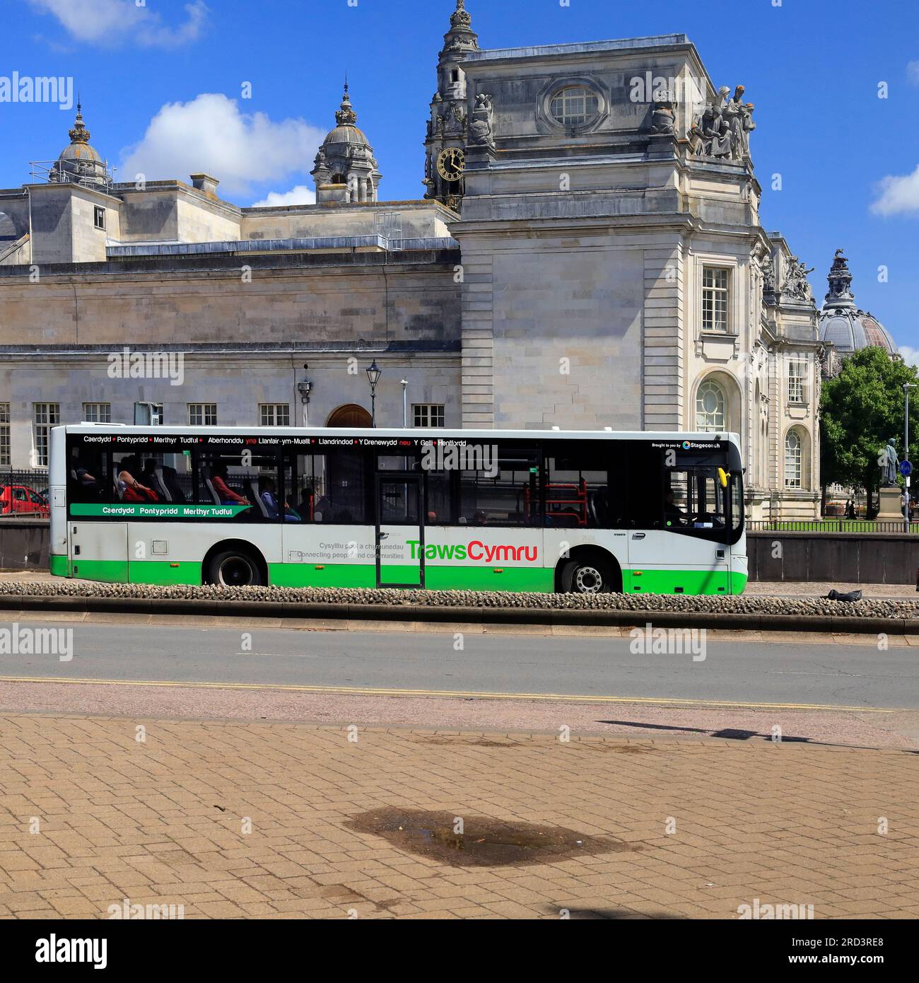 Green and white Traws Cymru service bus at Cardiff civic centre. 2023 ...