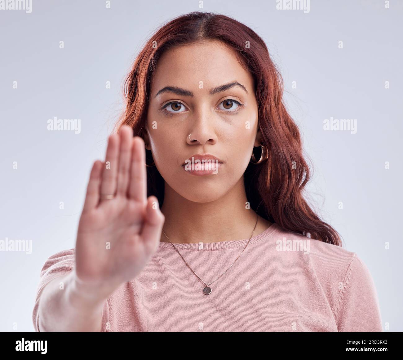 Stop, hand and portrait of woman, danger and warning with censor and ...