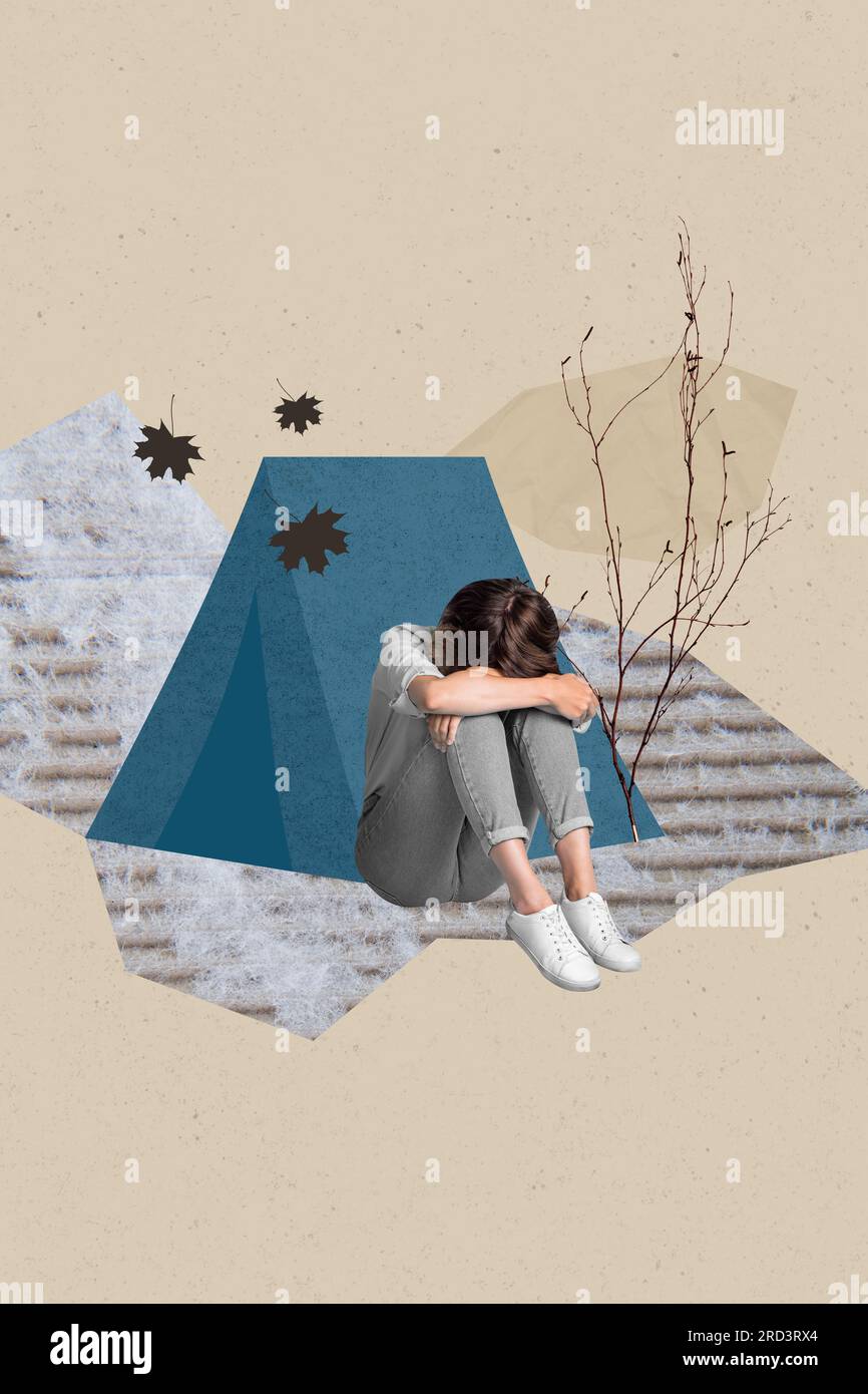 Vertical collage picture of unsatisfied devastated girl sitting near ...