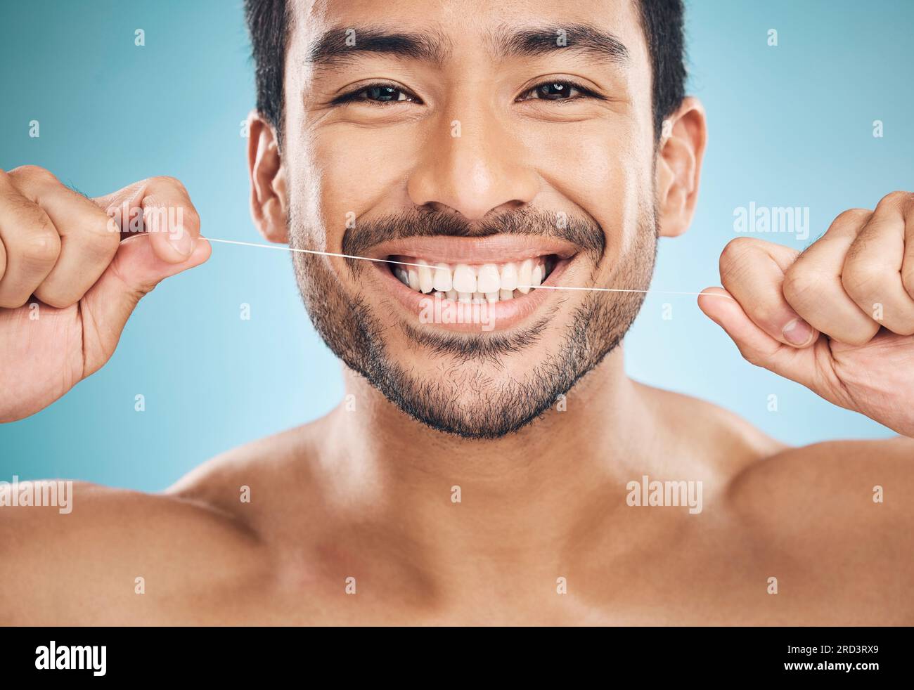 Wellness, teeth and flossing of a man portrait with cleaning and dental ...