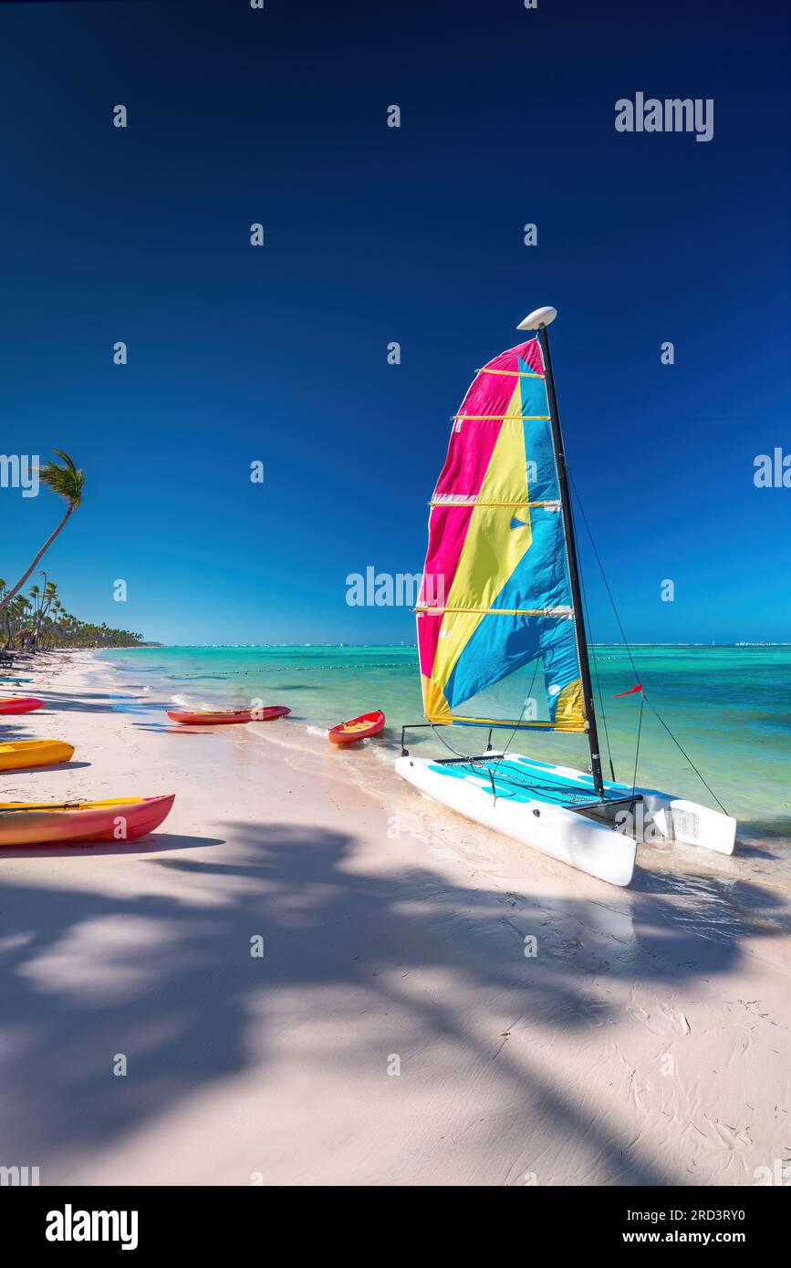 Colorful catamaran sailboat on tropical beach Stock Photo - Alamy