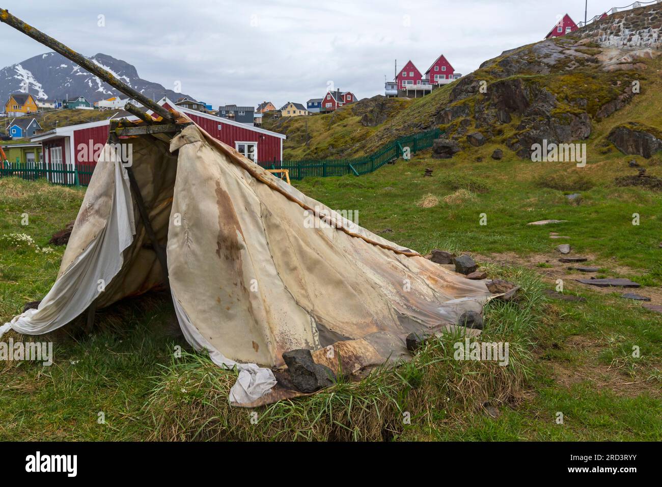 shelter tent comprising animal hides in grounds of Sisimiut Museum at ...