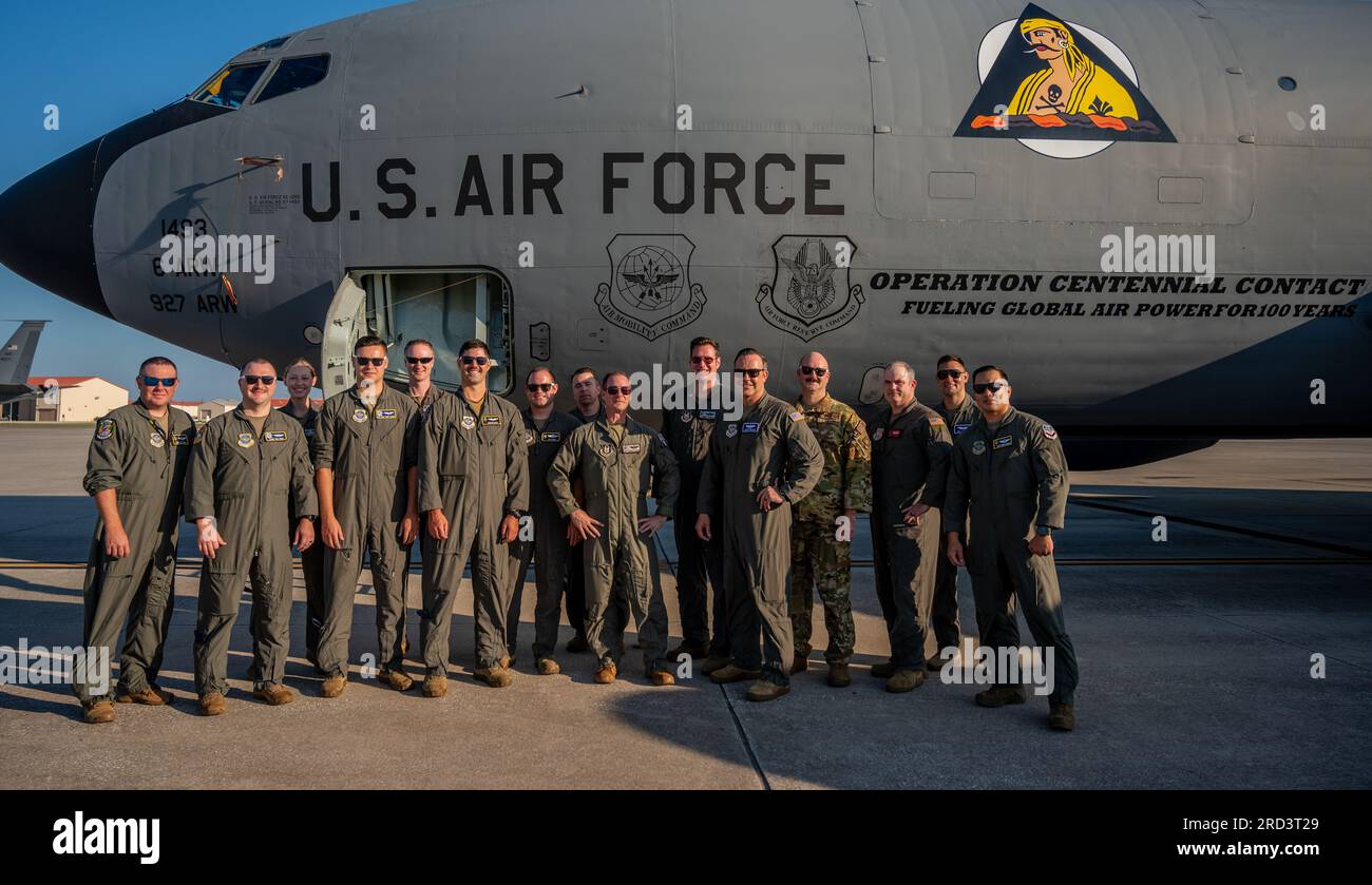 Aircrew assigned to the 6th Air Refueling Wing pose for photo in front ...