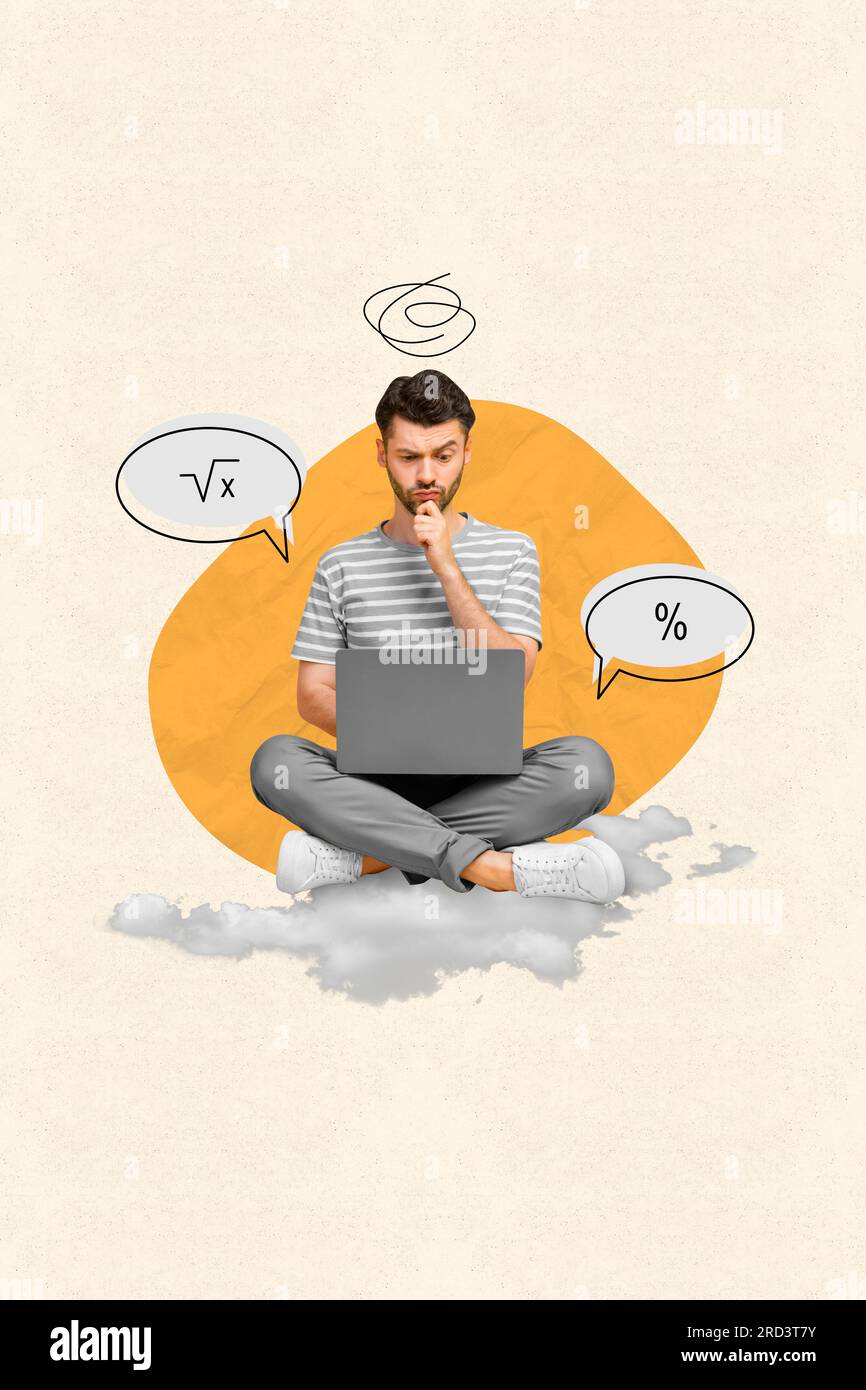 Vertical collage image of minded focused guy sitting cloud use netbook ...