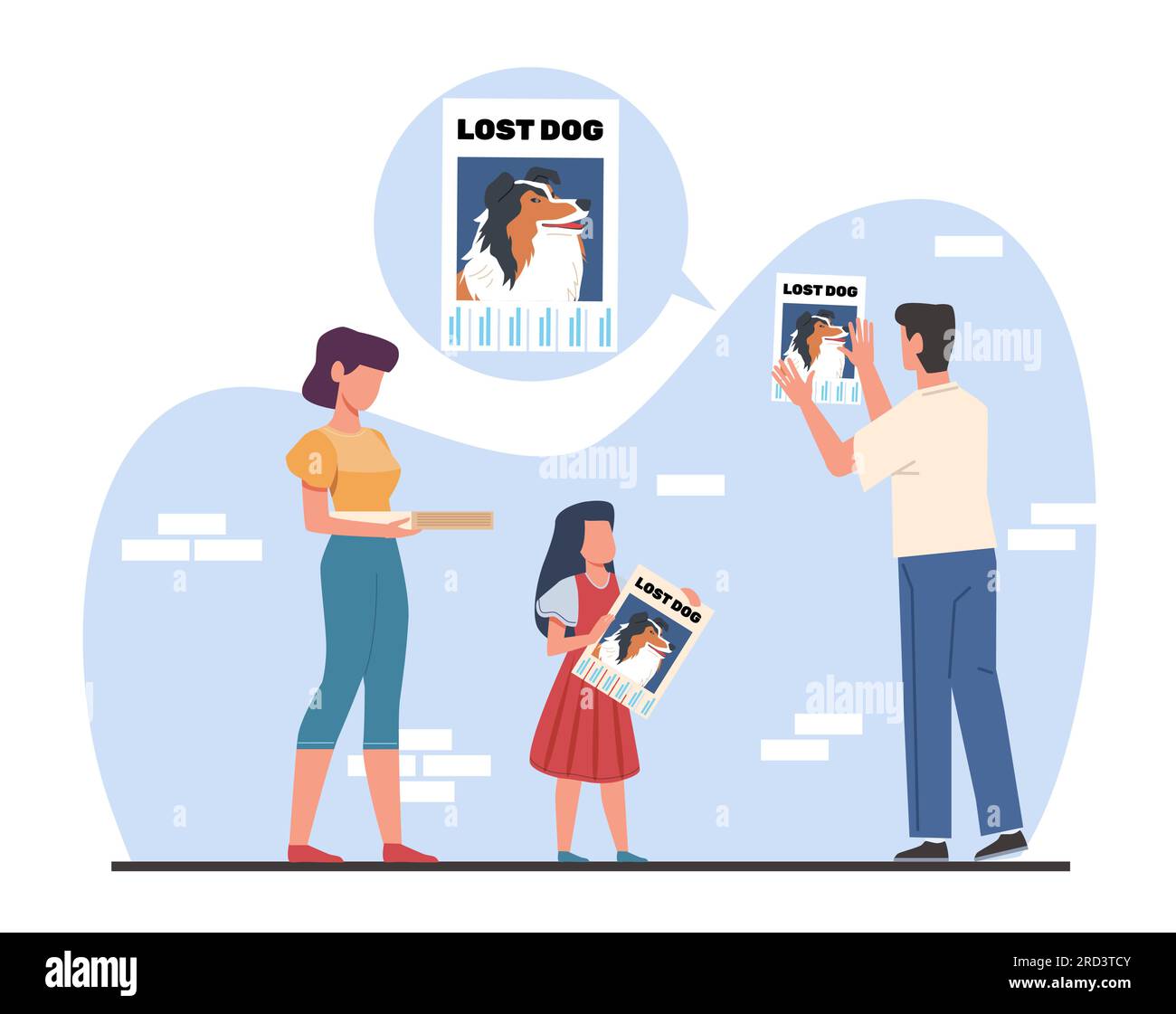 Lost pet. Dad and mom with daughter put up notice on wall about missing ...